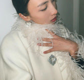 Fluffy Ostrich Feather Collar Woolen Winter Outerwear Oversized Coat