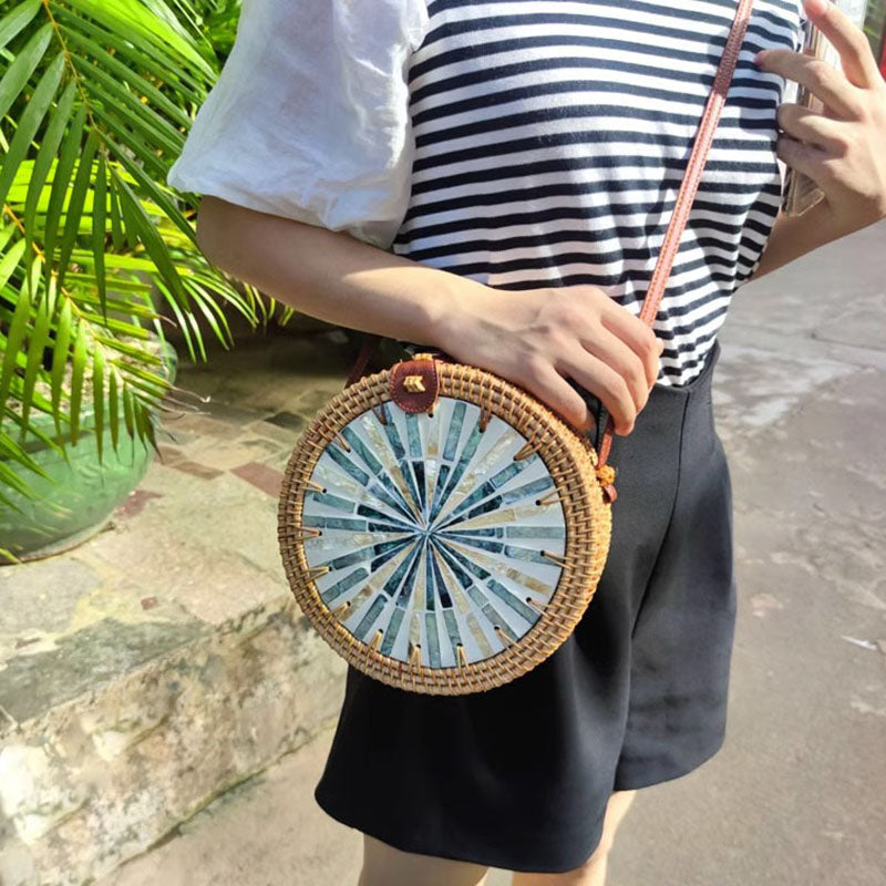 Bohemian Seashell Floral Round Rattan Purse Bali Clutch Shoulder Bag ...