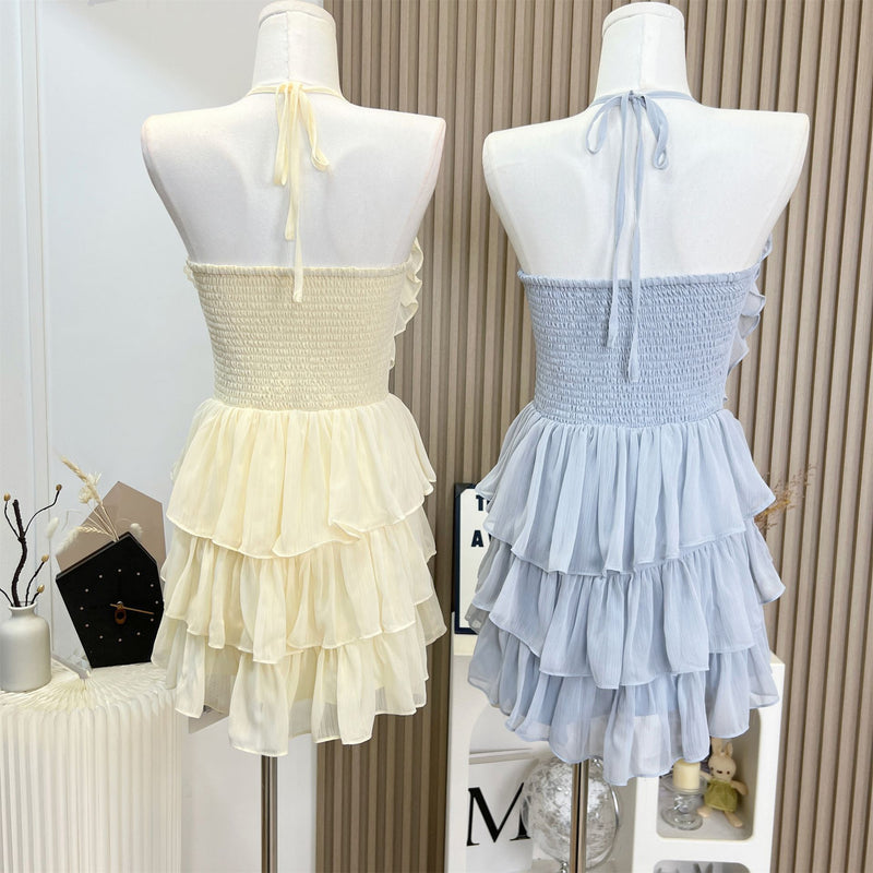 Chiffon Striped Ruffle Strap Short Tulle Tiered Ruffle Mini Dress Back