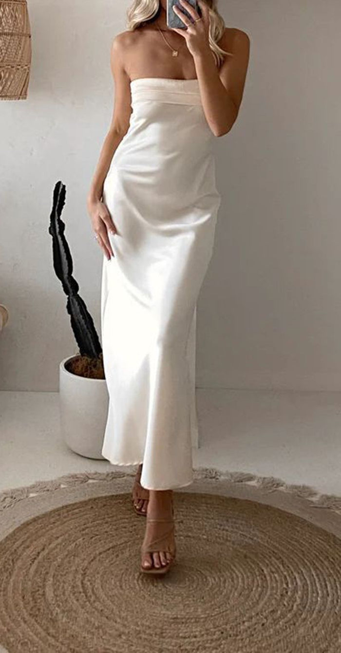 Slinky Silky Bandeau Satin Strapless Midi Mermaid Mem Cocktail Dress