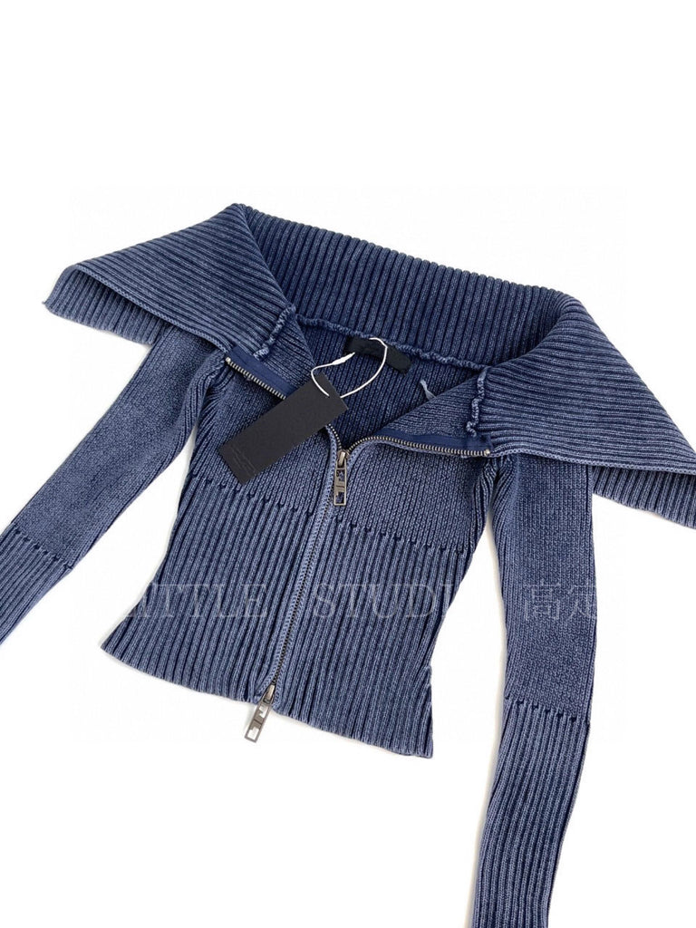 Denim Blue Ribbed Knitted Long Sleeve Off The Shoulder Knit Top – sunifty