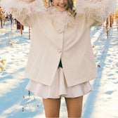 Fluffy Ostrich Feather Collar Woolen Winter Outerwear Oversized Coat