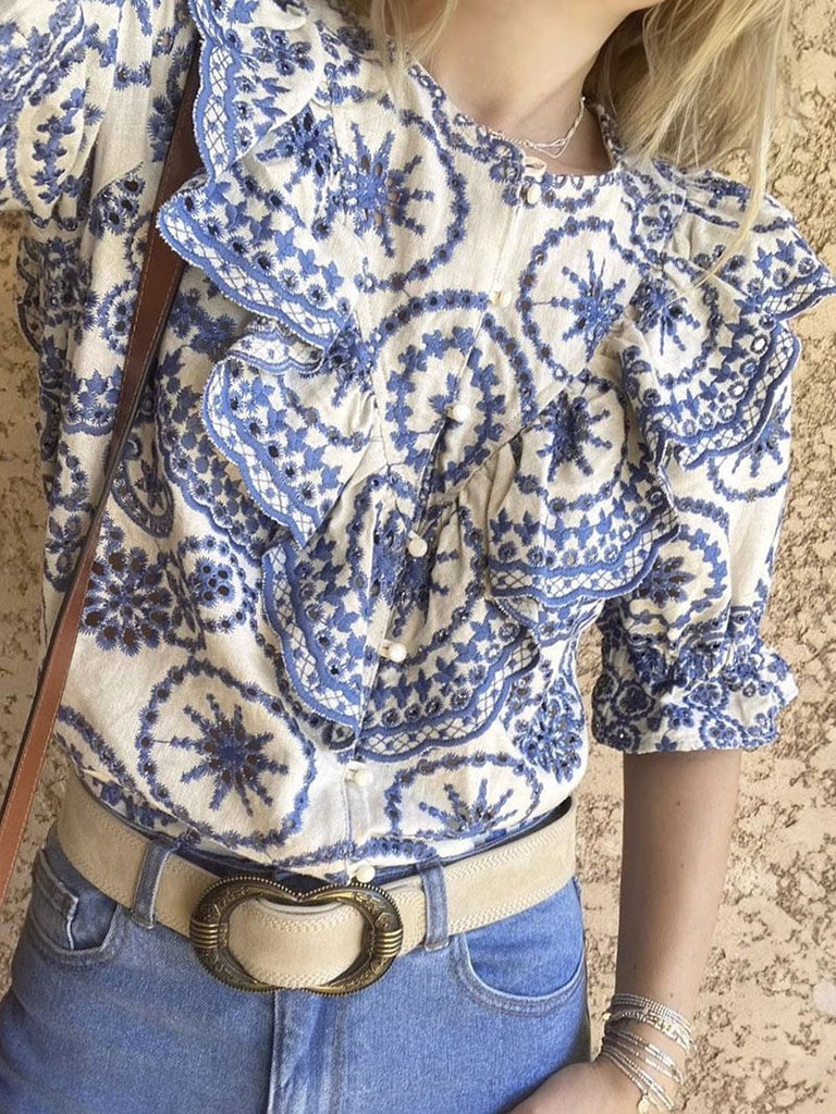 Retro Broderies Anglaises V Neck Flounces Ruffle Embroidery South ...