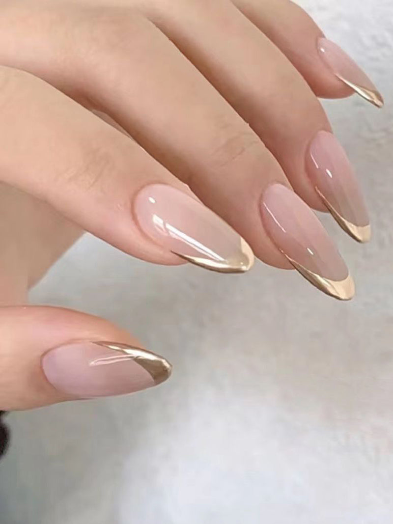 10pcs Gold Edge Almond French Tip Acrylic Fake Nails