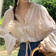 Semi Seethrough Mesh Ruffle Edge Shirred V Neck Long Sleeve Blouse Shirt