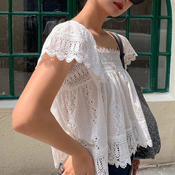 Tummy Hide Eyelet White Lace Peplum Hem Puff Sleeve Blouses