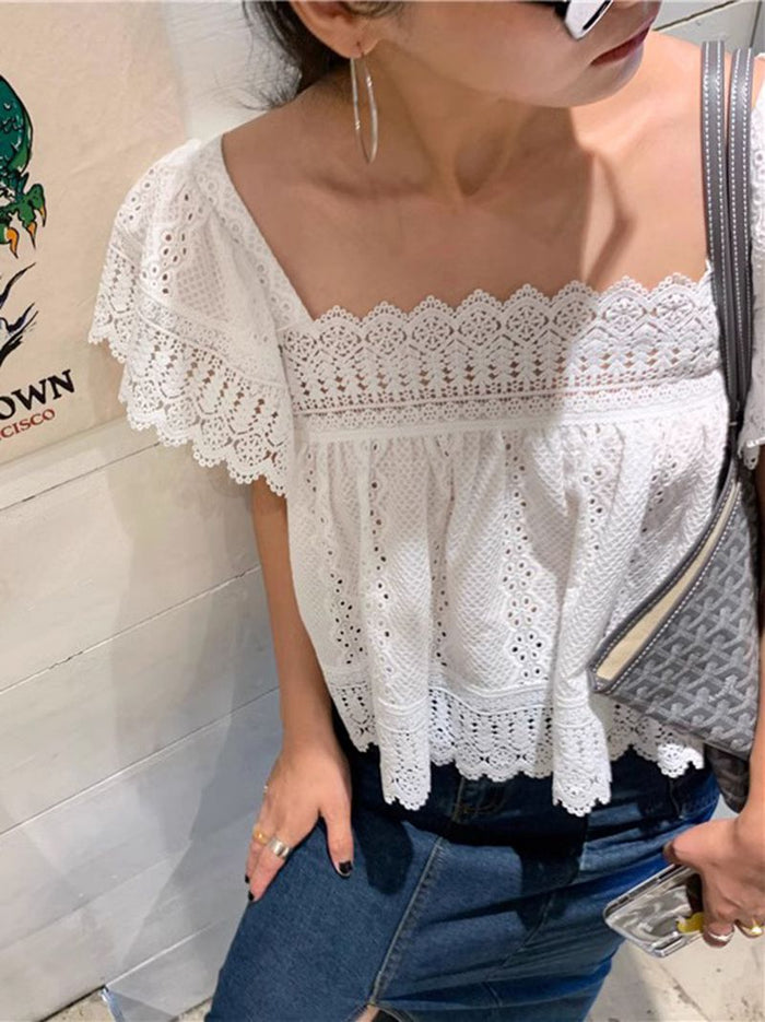 Tummy Hide Eyelet White Lace Peplum Hem Puff Sleeve Blouses