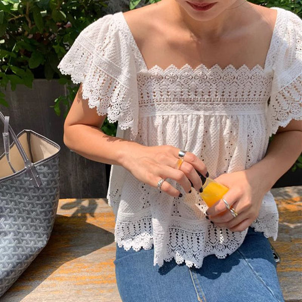 Tummy Hide Eyelet White Lace Peplum Hem Puff Sleeve Blouses