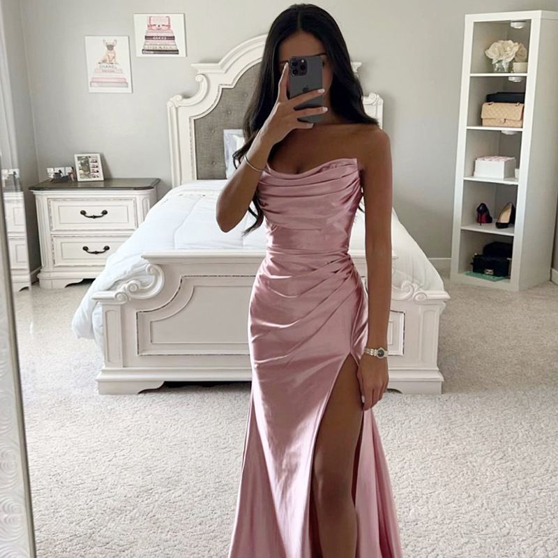 Fabulous Ruched Satin Silky Homecoming Prom Dress With Slit – sunifty
