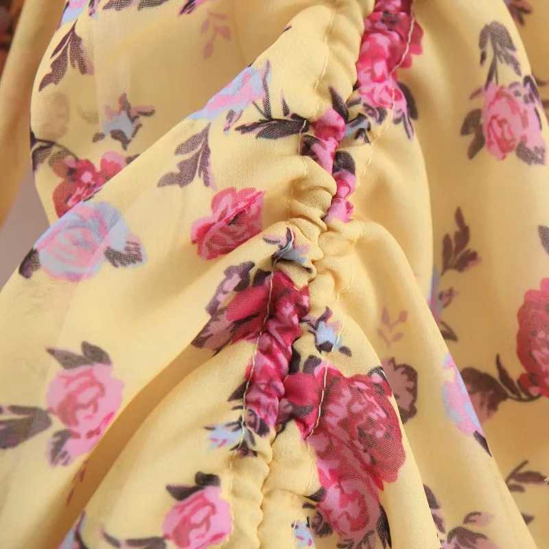 Chiffon Floral Ruffle Hem Runched Lace Up Dress Short