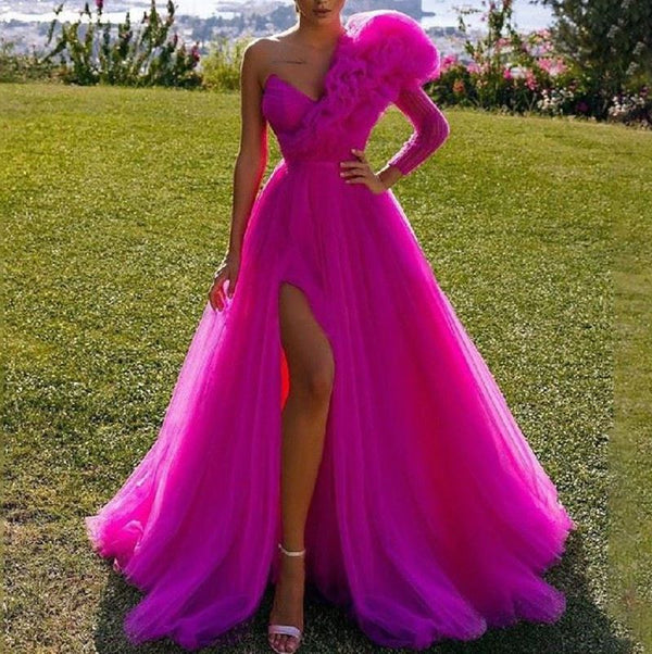 Ruffles Formal One Shoulder Tull High Slit Ball Gown Guest Dress