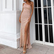 Iridescent Rose Sparkly Sequin One Shoulder High Slit Fitted Gown Dres