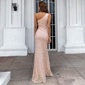 Iridescent Rose Sparkly Sequin One Shoulder High Slit Fitted Gown Dres
