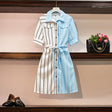 Two Piece Slimming Stripe Color Block Midi Shirt Dress