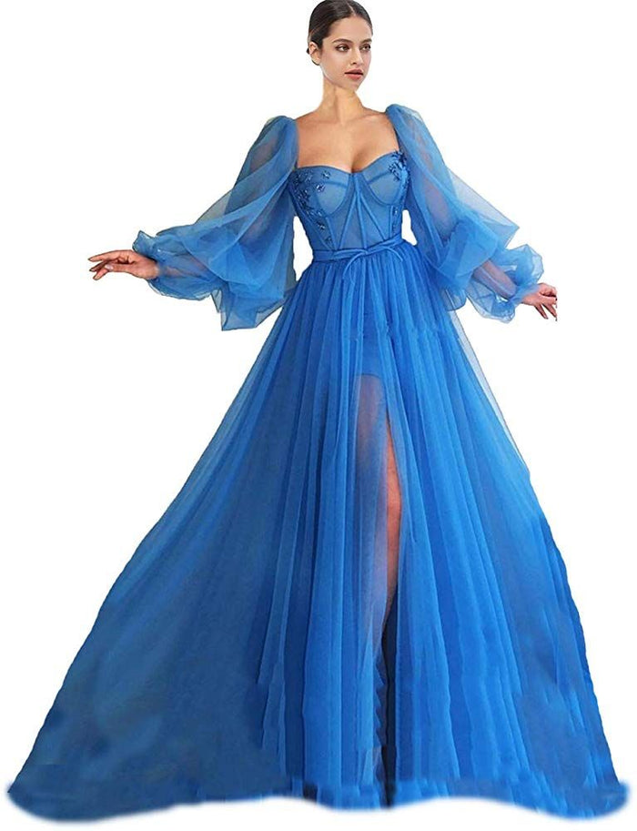 Embroidered Corset Puffy Sleeve Mesh Tulle Ball Gown Thigh Split Bride