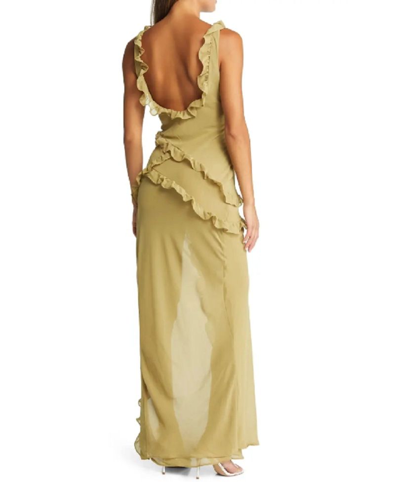 Slinky Ruffle Trim Long Summer Sundress With Split Leg – sunifty