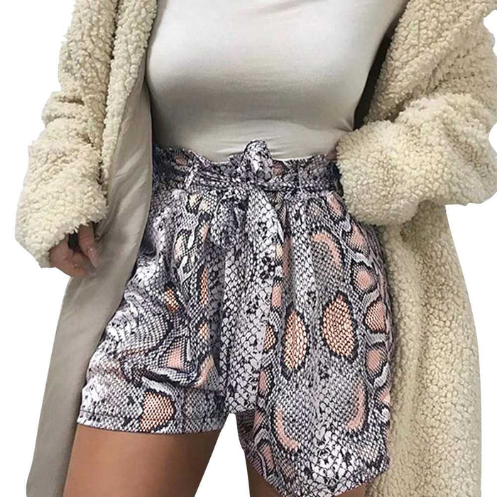 Retro Tie Waist Snake Print High Waisted Paperbag Shorts