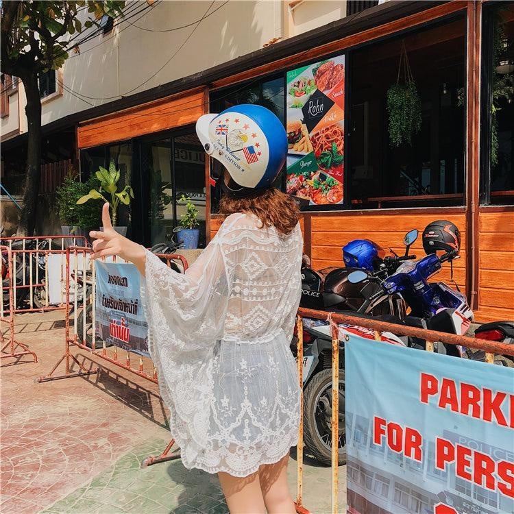 Crochet Embroidery Batwing White Lace Mesh Bathing Suit Swim Cover Up ...