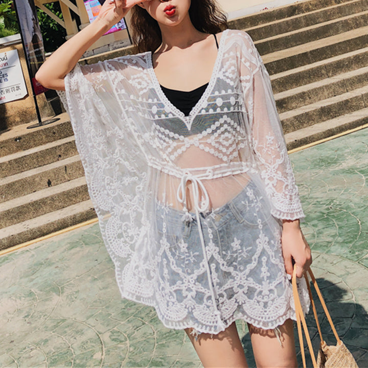 Crochet Embroidery Batwing White Lace Mesh Bathing Suit Swim Cover Up ...