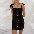 Ribbed Short Button Down Dress Tie Up Shoulder