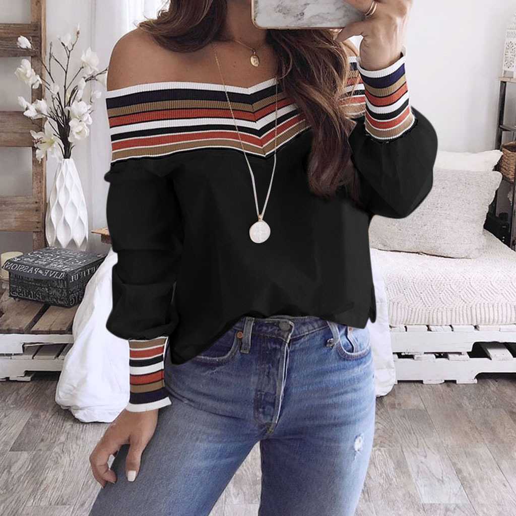 Casual Colorful Rainbow Stripes Off The Shoulder Long Sleeve Shirts