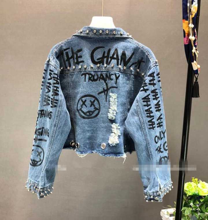 Fashion Street Rhinestone Studded Hand Graffiti Ripped Cropped Denim J ...