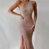 Iridescent Rose Sparkly Sequin One Shoulder High Slit Fitted Gown Dres