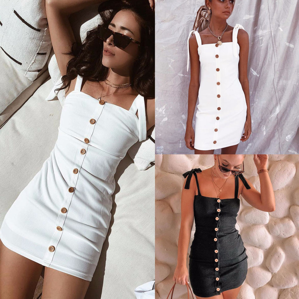 Ribbed Short Button Down Dress Tie Up Shoulder – sunifty