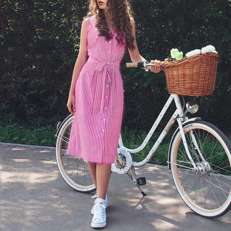 College Slimming Tie Waist Button Up Vertical Striped Midi Sundress ...