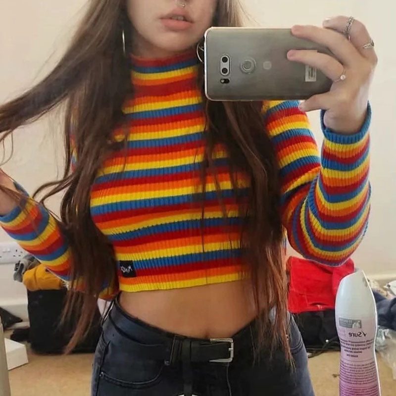 Colorful Rainbow Stripes Cropped Turtleneck Sweater Long Sleeve Sunifty