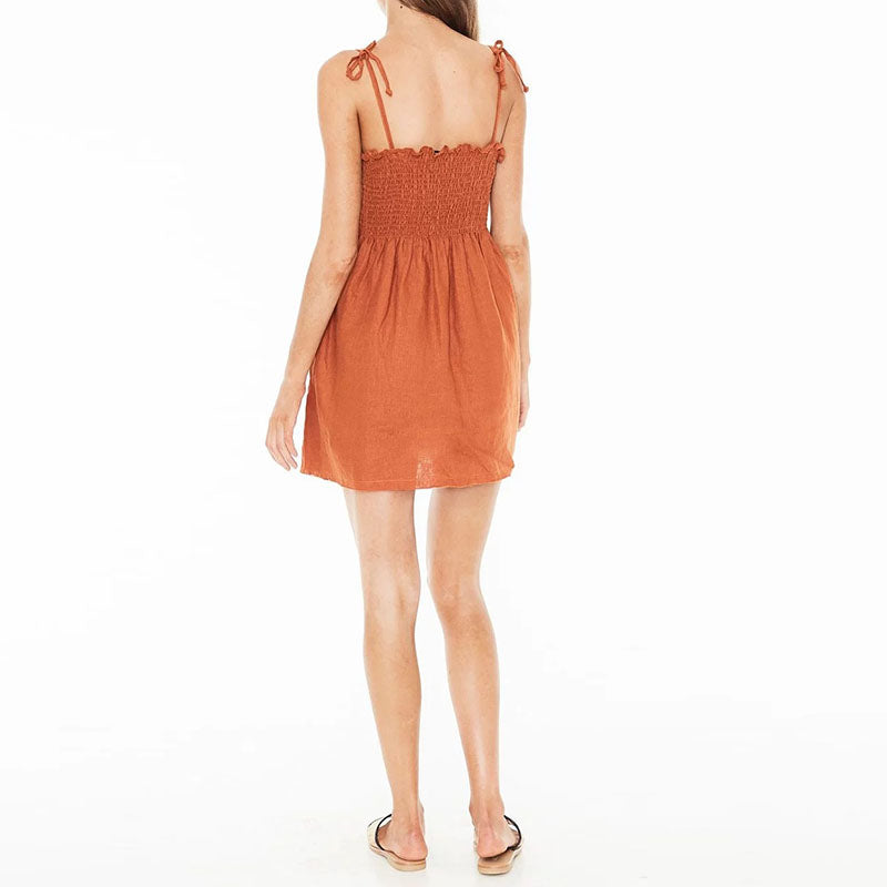 Fit Stretch Ruched Button Front Tie Shoulder Mini Sundress – sunifty