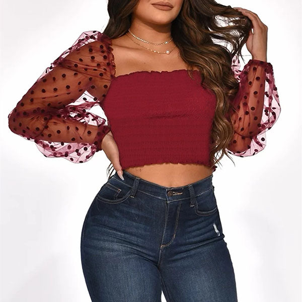 Polka Dot Black Sheer Mesh Long Sleeve Ruched Shirts Tops – sunifty